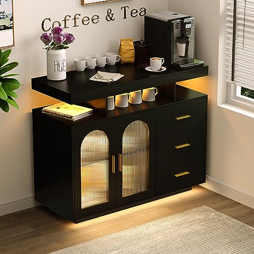 HWB RGB LED Coffee Bar Cabinet, Kitchen Storage Cabinet & Sideboard Buffet Cabinets Wood Coffee Bar Table with Shelf Capacity for Dinning Room,Living Room,Kitchen(Black)