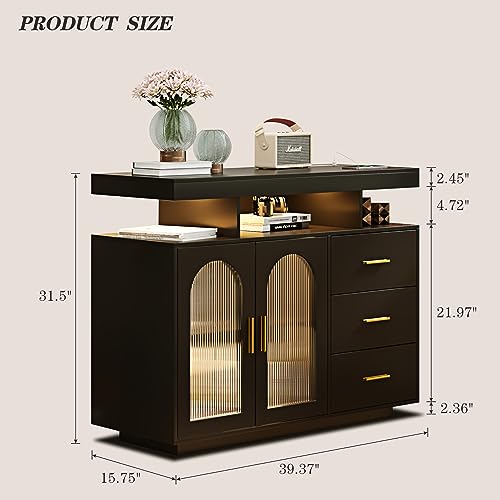 HWB RGB LED Coffee Bar Cabinet, Kitchen Storage Cabinet & Sideboard Buffet Cabinets Wood Coffee Bar Table with Shelf Capacity for Dinning Room,Living Room,Kitchen(Black)