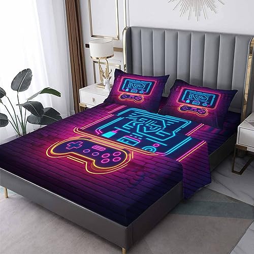 Gaming Sheets Split King Size, Game Gamepad Bed Sheets, Patterned Bedding Sheets & Pillowcases 5 Piece Set - Soft Microfiber Deep Pocket 2 Fitted Sheet & Flat Sheet & 2 Pillow Cases K0-&-353