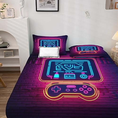 Gaming Sheets Split King Size, Game Gamepad Bed Sheets, Patterned Bedding Sheets & Pillowcases 5 Piece Set - Soft Microfiber Deep Pocket 2 Fitted Sheet & Flat Sheet & 2 Pillow Cases K0-&-353