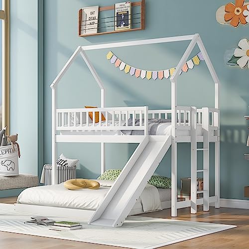 Twin Over Full Size House Bunk Bed, Wood Bunk Bed Frame with Slide, Built-in Ladder and Fence Guardrails, Playhouse Bed Slide Bed for Kids Adults, Bedroom Furniture Bunk Bed House Bed (White Bed)