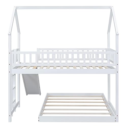 Twin Over Full Size House Bunk Bed, Wood Bunk Bed Frame with Slide, Built-in Ladder and Fence Guardrails, Playhouse Bed Slide Bed for Kids Adults, Bedroom Furniture Bunk Bed House Bed (White Bed)