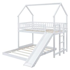 Twin Over Full Size House Bunk Bed, Wood Bunk Bed Frame with Slide, Built-in Ladder and Fence Guardrails, Playhouse Bed Slide Bed for Kids Adults, Bedroom Furniture Bunk Bed House Bed (White Bed)