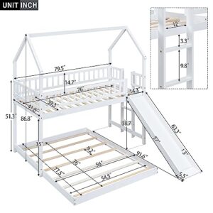 Twin Over Full Size House Bunk Bed, Wood Bunk Bed Frame with Slide, Built-in Ladder and Fence Guardrails, Playhouse Bed Slide Bed for Kids Adults, Bedroom Furniture Bunk Bed House Bed (White Bed)