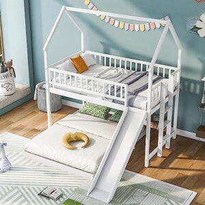 Twin Over Full Size House Bunk Bed, Wood Bunk Bed Frame with Slide, Built-in Ladder and Fence Guardrails, Playhouse Bed Slide Bed for Kids Adults, Bedroom Furniture Bunk Bed House Bed (White Bed)