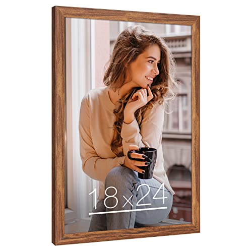 18x24 Wood Frame Brown, Rustic Natural Woodgrain 24x18in Poster Picture Frame, Distressed Brown 18 x 24inch Gallery Wall Photo Frame with HD Plexiglass, Horizontal Vertical Wall Mounting Display 1pcs