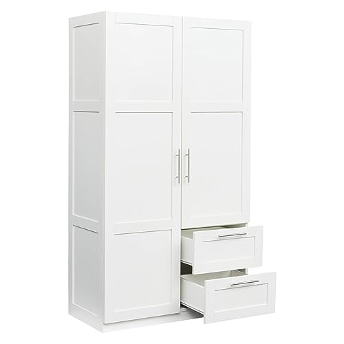 RIDFY Wardrobe Closet with 2 Doors,High Wardrobe and Kitchen Cabinet with 2 Drawers and Storage Shelevs,Bedroom Armoires with Hanging Rod, Foldable Clothes Organizer (40”W x 20”D x 71”H) (White)