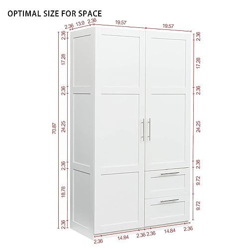 RIDFY Wardrobe Closet with 2 Doors,High Wardrobe and Kitchen Cabinet with 2 Drawers and Storage Shelevs,Bedroom Armoires with Hanging Rod, Foldable Clothes Organizer (40”W x 20”D x 71”H) (White)