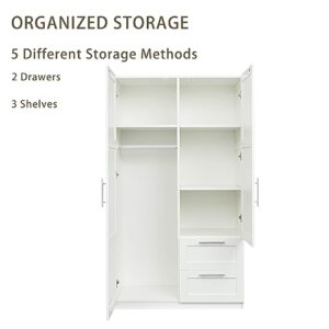 RIDFY Wardrobe Closet with 2 Doors,High Wardrobe and Kitchen Cabinet with 2 Drawers and Storage Shelevs,Bedroom Armoires with Hanging Rod, Foldable Clothes Organizer (40”W x 20”D x 71”H) (White)