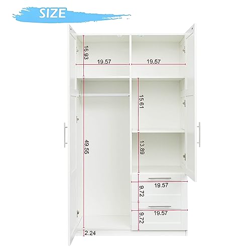 RIDFY Wardrobe Closet with 2 Doors,High Wardrobe and Kitchen Cabinet with 2 Drawers and Storage Shelevs,Bedroom Armoires with Hanging Rod, Foldable Clothes Organizer (40”W x 20”D x 71”H) (White)