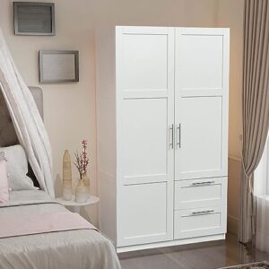 RIDFY Wardrobe Closet with 2 Doors,High Wardrobe and Kitchen Cabinet with 2 Drawers and Storage Shelevs,Bedroom Armoires with Hanging Rod, Foldable Clothes Organizer (40”W x 20”D x 71”H) (White)