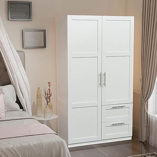 RIDFY Wardrobe Closet with 2 Doors,High Wardrobe and Kitchen Cabinet with 2 Drawers and Storage Shelevs,Bedroom Armoires with Hanging Rod, Foldable Clothes Organizer (40”W x 20”D x 71”H) (White)