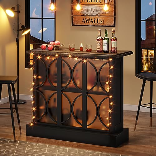 Tribesigns Home Bar Unit, Industrial Liquor Bar Table with Storage and Glasses Holder, 3-Tier Wine Bar Cabinet Mini Bars with Acrylic Front for Home Kitchen Pub (Black)