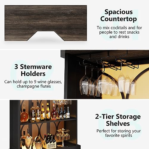 Tribesigns Home Bar Unit, Industrial Liquor Bar Table with Storage and Glasses Holder, 3-Tier Wine Bar Cabinet Mini Bars with Acrylic Front for Home Kitchen Pub (Black)