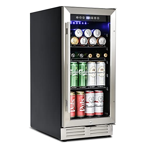 15" Beverage Refrigerator and Cooler, 120 Cans, Adjustable Shelves, Drink Fridge with Glass Door and Lock, LED Lighting, ETL, Touch Controls, Under Counter Built-in or Freestanding Wine Fridge