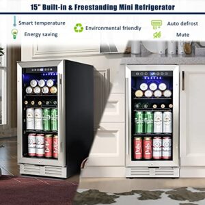 15" Beverage Refrigerator and Cooler, 120 Cans, Adjustable Shelves, Drink Fridge with Glass Door and Lock, LED Lighting, ETL, Touch Controls, Under Counter Built-in or Freestanding Wine Fridge