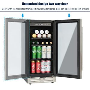 15" Beverage Refrigerator and Cooler, 120 Cans, Adjustable Shelves, Drink Fridge with Glass Door and Lock, LED Lighting, ETL, Touch Controls, Under Counter Built-in or Freestanding Wine Fridge