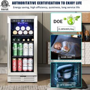 15" Beverage Refrigerator and Cooler, 120 Cans, Adjustable Shelves, Drink Fridge with Glass Door and Lock, LED Lighting, ETL, Touch Controls, Under Counter Built-in or Freestanding Wine Fridge