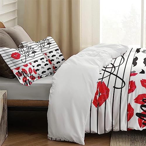 Duvet Cover Twin Size, Retro Woman Red You Bedding Set with Zipper Closure for Kids and Adults, Love Valentine Valentines Comforter Cover with Pillow Sham for Bedroom Bed Decor