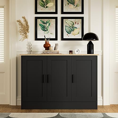 Anystyle Black 3 Door Buffet Cabinet, Coffee Bar Cabinet with Adjustable Shelf, Kitchen Buffet Sideboard for Living Room, Kitchen