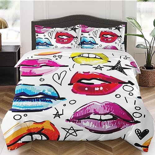 Duvet Cover King Size, Makeup Woman Sexy Love Bedding Set with Zipper Closure for Kids and Adults, Red Valentine Female Comforter Cover with 2 Pillow Shams for Bedroom Bed Decor