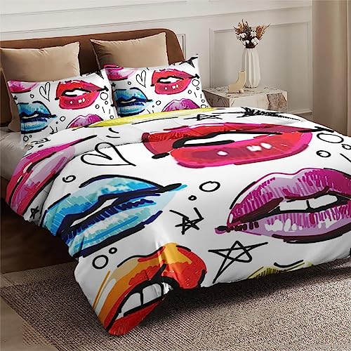 Duvet Cover King Size, Makeup Woman Sexy Love Bedding Set with Zipper Closure for Kids and Adults, Red Valentine Female Comforter Cover with 2 Pillow Shams for Bedroom Bed Decor