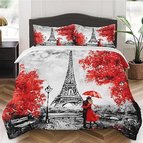 Duvet Cover Queen Size, Painting Paris City Eiffel Bedding Set with Zipper Closure for Kids and Adults, Tower Red Love Comforter Cover with 2 Pillow Shams for Bedroom Bed Decor