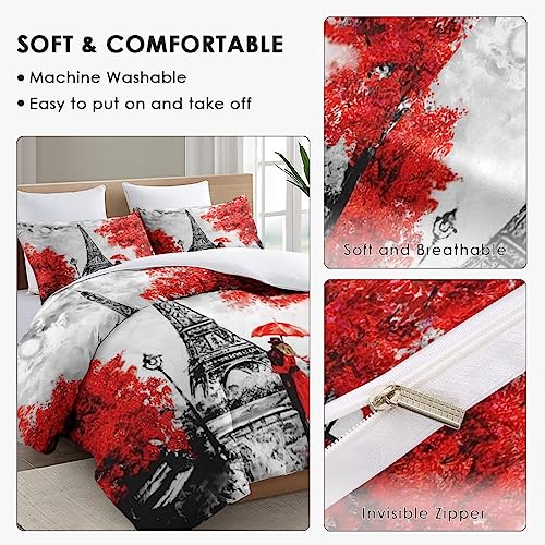 Duvet Cover Queen Size, Painting Paris City Eiffel Bedding Set with Zipper Closure for Kids and Adults, Tower Red Love Comforter Cover with 2 Pillow Shams for Bedroom Bed Decor