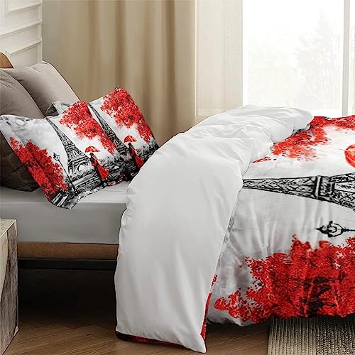 Duvet Cover Queen Size, Painting Paris City Eiffel Bedding Set with Zipper Closure for Kids and Adults, Tower Red Love Comforter Cover with 2 Pillow Shams for Bedroom Bed Decor