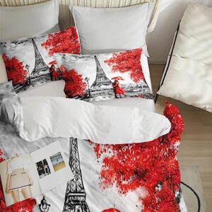 Duvet Cover Queen Size, Painting Paris City Eiffel Bedding Set with Zipper Closure for Kids and Adults, Tower Red Love Comforter Cover with 2 Pillow Shams for Bedroom Bed Decor