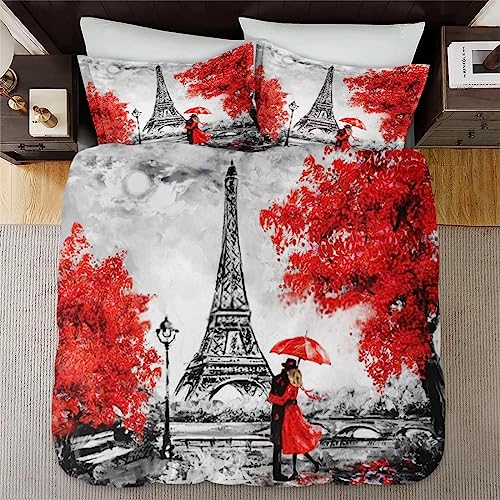 Duvet Cover Queen Size, Painting Paris City Eiffel Bedding Set with Zipper Closure for Kids and Adults, Tower Red Love Comforter Cover with 2 Pillow Shams for Bedroom Bed Decor