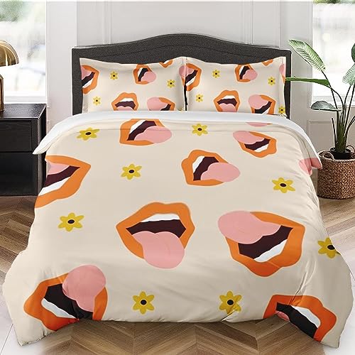 Duvet Cover Queen Size, Retro 70S Red Woman Bedding Set with Zipper Closure for Kids and Adults, Love Sexy Pink Comforter Cover with 2 Pillow Shams for Bedroom Bed Decor