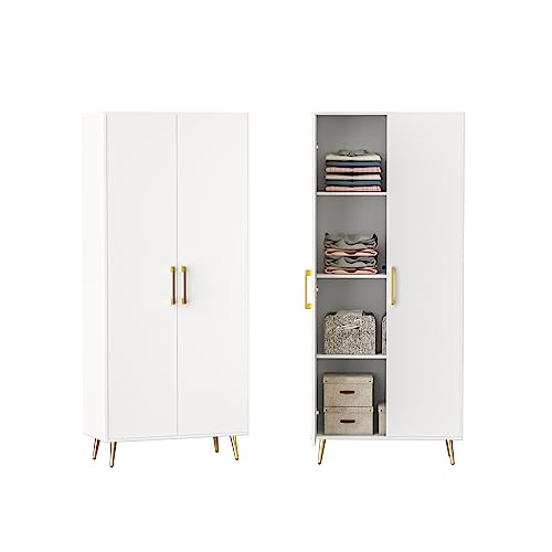 NOVAMAISON White Storage Cabinet 69” Tall - Storage Cabinet w/ 2 Doors and Adjustable Shelves, Freestanding Kitchen Pantry w/Gold Handles and Legs, Wooden Wardrobe Cabinet for Bedroom, Laundry