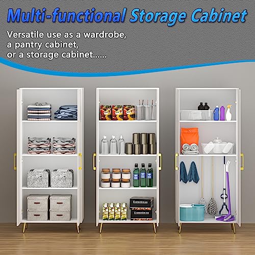 NOVAMAISON White Storage Cabinet 69” Tall - Storage Cabinet w/ 2 Doors and Adjustable Shelves, Freestanding Kitchen Pantry w/Gold Handles and Legs, Wooden Wardrobe Cabinet for Bedroom, Laundry