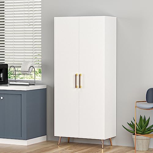 NOVAMAISON White Storage Cabinet 69” Tall - Storage Cabinet w/ 2 Doors and Adjustable Shelves, Freestanding Kitchen Pantry w/Gold Handles and Legs, Wooden Wardrobe Cabinet for Bedroom, Laundry