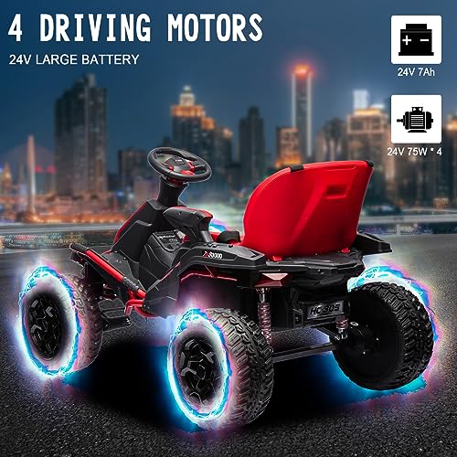 AOKOY 24V 4x75W Kids Ride On Car, 4WD Battery Powered Electric Go Kart for Big Kids w/Powerful Motors Off-Road Ride On UTV with Parent Remote EVA Tires Adjustable Seat Bluetooth, Red