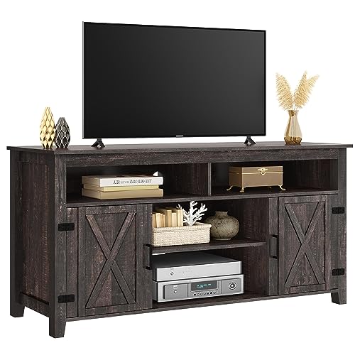 YITAHOME Highboy Farmhouse Barn Door TV Stand for 65 Inch TV, Modern Entertainment Center for 300 lbs, TV Media Console Storage TV Cabinet for Living Room, Dark Rustic Oak, 59.5”