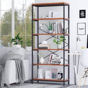 oppsdecor 6 tier industrial bookshelf 71" tall open bookshelves and bookcases vintage standing storage shelf freestanding display shelf for living room bedroom-black metal frame & wood(us stock)