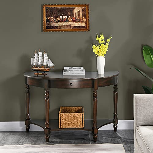 MODERION Solid Wood Console Table with Drawer, Semi-Circle Entryway Table with Storage Shelf, Half-Moon Traditional Elegant Vintage Sofa Table for Living Room, Small Space, Retro Walnut SFZ12233DC