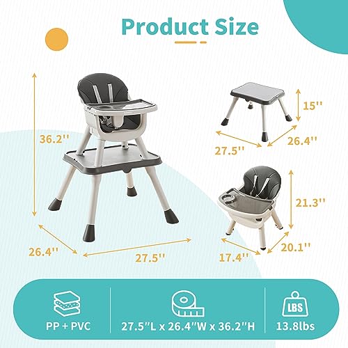 Baby High Chair, 8 in 1 Convertible High Chairs for Babies and Toddlers, Baby High Chair with Double Removable Tray, Infant Booster Seat, Building Block Table, Kids Stool Table Set (Gray)