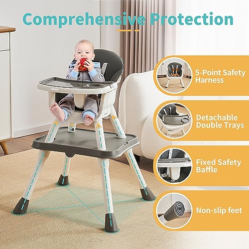 Baby High Chair, 8 in 1 Convertible High Chairs for Babies and Toddlers, Baby High Chair with Double Removable Tray, Infant Booster Seat, Building Block Table, Kids Stool Table Set (Gray)