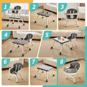 Baby High Chair, 8 in 1 Convertible High Chairs for Babies and Toddlers, Baby High Chair with Double Removable Tray, Infant Booster Seat, Building Block Table, Kids Stool Table Set (Gray)