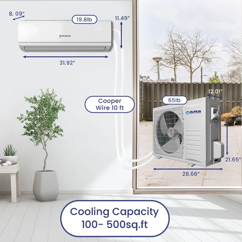 AURUS 1 Ton 12,000 BTU Mini Split Cools Up to 500 Sq.Ft Energy Efficient Air Conditioner & Heater Ductless Split System, Pre-Charged 10ft Installation Kit 110v