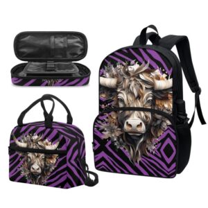 rivatimrio purple black buffalo backpack cute cow head lunchbox pencil case set 3 in 1 kindergarten elementary middle school bookbags lunch box set for teens kids book bags