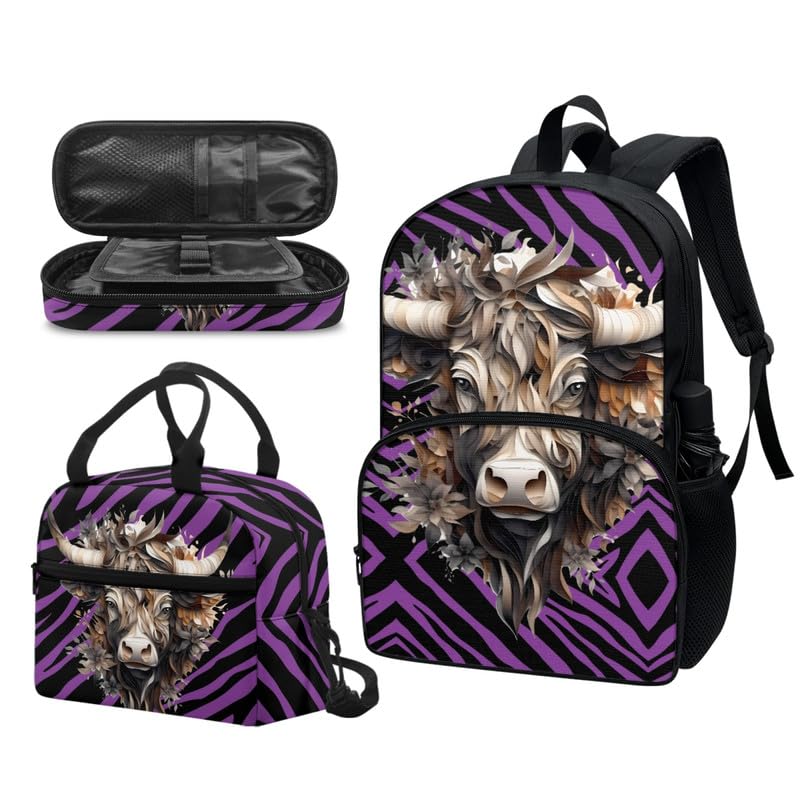 Rivatimrio Purple Black Buffalo Backpack Cute Cow Head Lunchbox Pencil Case Set 3 in 1 Kindergarten Elementary Middle School Bookbags Lunch Box Set for Teens Kids Book Bags