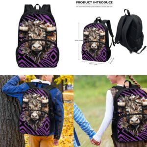 Rivatimrio Purple Black Buffalo Backpack Cute Cow Head Lunchbox Pencil Case Set 3 in 1 Kindergarten Elementary Middle School Bookbags Lunch Box Set for Teens Kids Book Bags