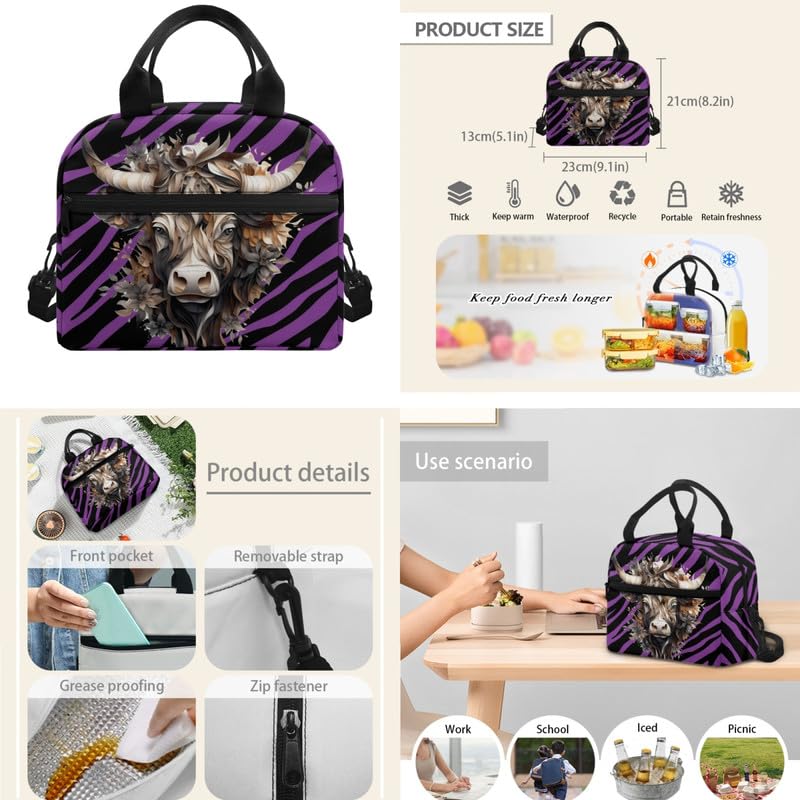 Rivatimrio Purple Black Buffalo Backpack Cute Cow Head Lunchbox Pencil Case Set 3 in 1 Kindergarten Elementary Middle School Bookbags Lunch Box Set for Teens Kids Book Bags