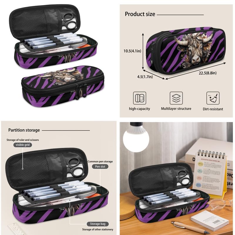 Rivatimrio Purple Black Buffalo Backpack Cute Cow Head Lunchbox Pencil Case Set 3 in 1 Kindergarten Elementary Middle School Bookbags Lunch Box Set for Teens Kids Book Bags