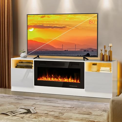 Lemberi Fireplace tv Stand with 36 inch Fireplace Up to 80" TVs,LED Light Entertainment Center and Storage, 70" Modern Wood Media TV Console with Highlight Cabinet for Living Room (White)