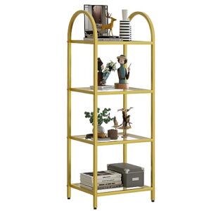 arbuxzuy 4-tier bookcase ，small bookshelf ，narrow tempered glass bookshelves，slim shelving unit for for living room, bedroom, home office, gold